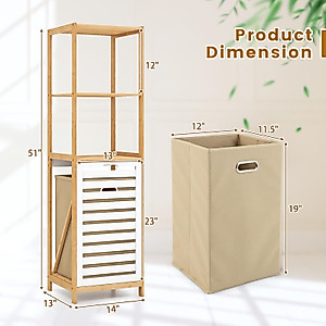 GOFLAME Tilt Out Laundry Hamper with 3-Tier Storage Shelves, 51” Tall Bathroom Storage Shelf with Removable Basket, Bamboo Laundry Basket Organizer for Bathroom, Laundry Room, Bedroom, Natural