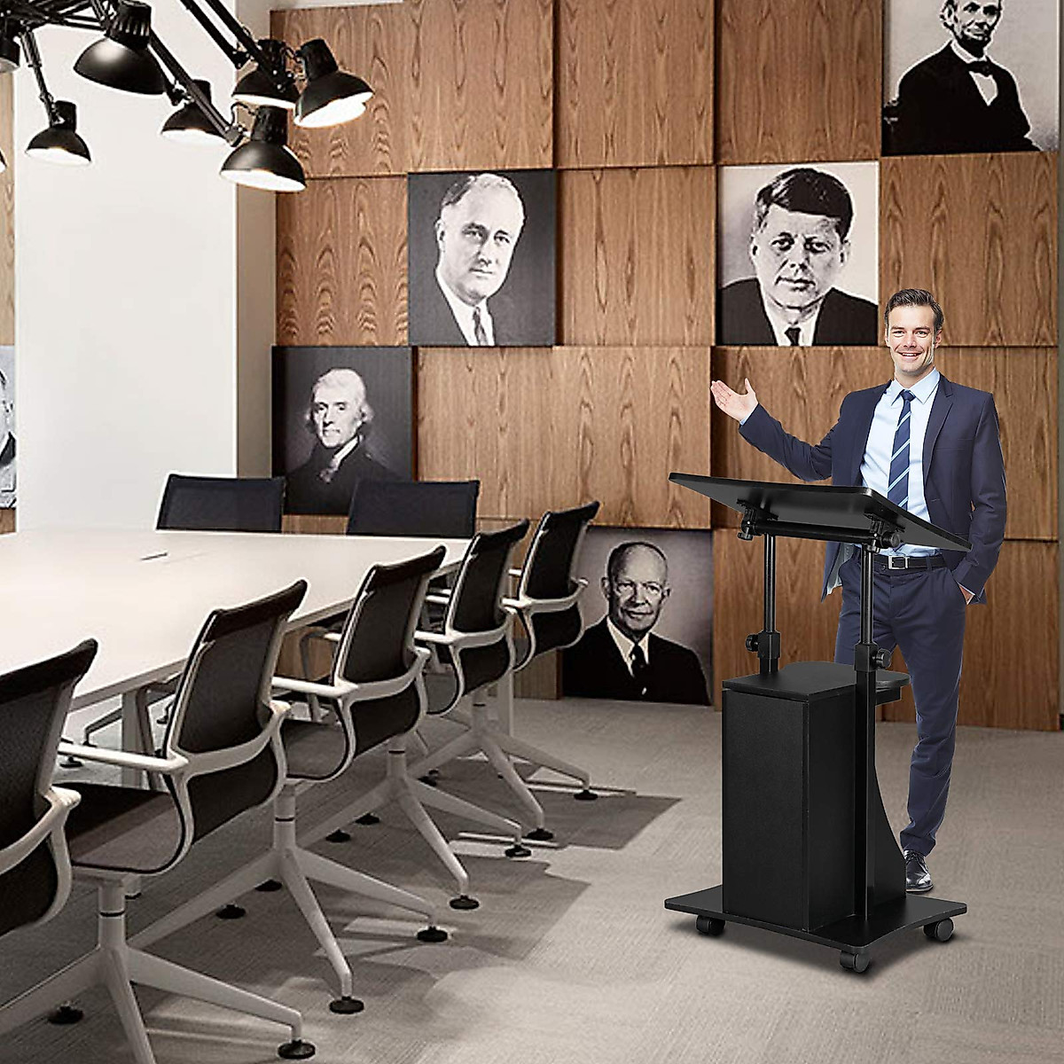 VINGLI Lectern Podium Stand, Mobile Height Adjustable Church Classroom Lecture, Portable Presentation Concert Podium, Reading or Laptop Desk with Edge Stopper, Black