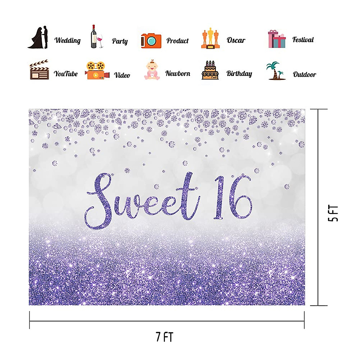 PHMOJEN Sweet 16 Backdrop, Girl Birthday Purple Bokeh Twinkle Diamond, Dessert Table Banner Background Decoration Studio Photography Props 7x5ft BJLSPH1180