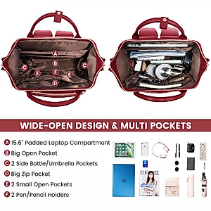 LOVEVOOK Leather Laptop Backpack for Women 15.6 inch,Travel Backpack Purse Nurse Teacher Backpack Computer Laptop Bag,Professional College Business Work Bags Carry On Backpack with USB Port,Chili Red