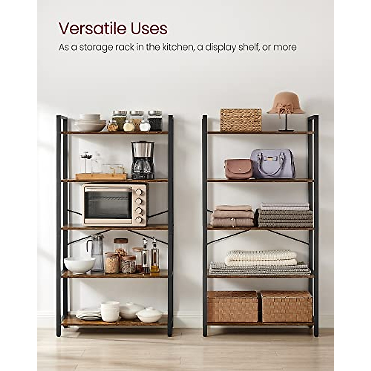 VASAGLE ALINRU Bookshelf, Bookcase, 5-Tier Storage Rack with Steel Frame, for Living Room, Office, Study, Hallway, Industrial Style, Rustic Brown and Black ULLS061B01