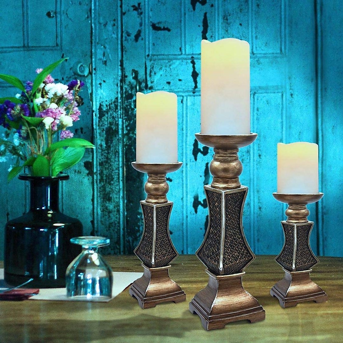 QUABUY Resin Candle Holders (Set of 3) Small 8", Medium 10", Large 12" (H). Ideal for Home Decorations for Living Room, Dining Room Table, Weldings, Parties, Special Events ( Gold )