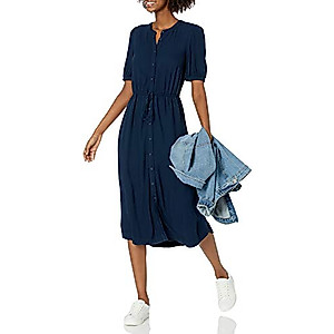 Amazon Essentials Women's Relaxed Fit Half-Sleeve Waisted Midi A-Line Dress, Navy, XX-Large