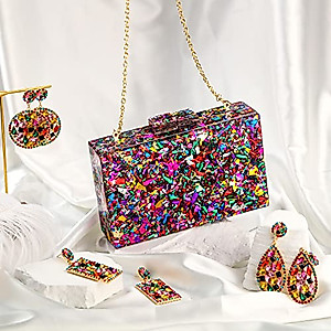4 Pieces Acrylic Purses and Handbags with Acrylic Geometry Dangle Earring for Women Multicolor Perspex Geometric Patterns Box Clutch Banquet Evening Crossbody Handbag