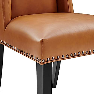 Modway Baron Modern Tall Back Wood Vegan Leather Upholstered Two Dining Chairs in Tan
