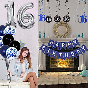 16th Birthday Decorations for Boys and Girls Dark Blue, HAPPY BIRTHDAY Banner Silver Number 16 Balloons, Deep Blue Theme Party for Him - 16 Years Old Birthday Party Supplies Kit for Her