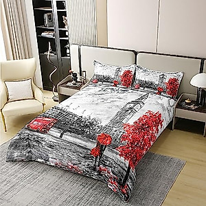 Big Ben Cotton Duvet Cover Set Queen Kids women Men London Romantic Couple Bedding Set Soft Breathable 100% Cotton Comforter Cover Set Grey Red Double Decker Bus Duvet Cover Bed Set Chic Bedroom Decor