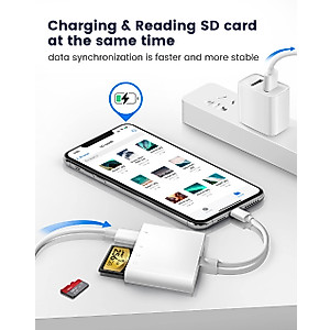 SD Card Reader for iPhone iPad, 4 in 1 Micro SD/SD Card Reader to iPhone Adapter, SD Card Viewer with TF/SD Dual Slot, Portable Camera Memory Card Reader for iPhone with Charging Port, Plug and Play