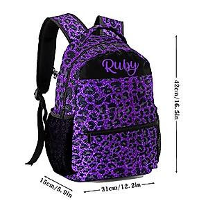 Deven Purple Glitter Leopard Print Personalized Kids Backpack for Boy/Girl Teen Primary School Daypack Travel Bag Bookbag