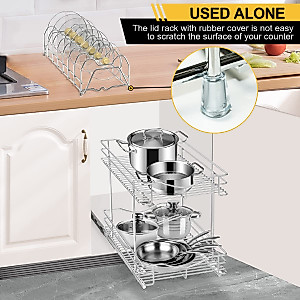 FULGENTE Pull Out Cabinet Drawer Organizer for Lid Cookware 11" W x 21" D 2 Tier Slide Out Kitchen Shelves Storage for Pots and Pans Roll Out Pot Top Shelf for Cabinet Wire Frame Chrome Finish