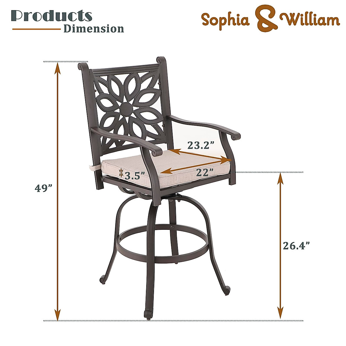 Sophia & William Cast Aluminum Patio Bar Chairs Set of 2, Bar Height Swivel Outdoor Bar Stools Chairs, Counter Height Outdoor Barstools, Brown, Load Capacity: 350 lbs