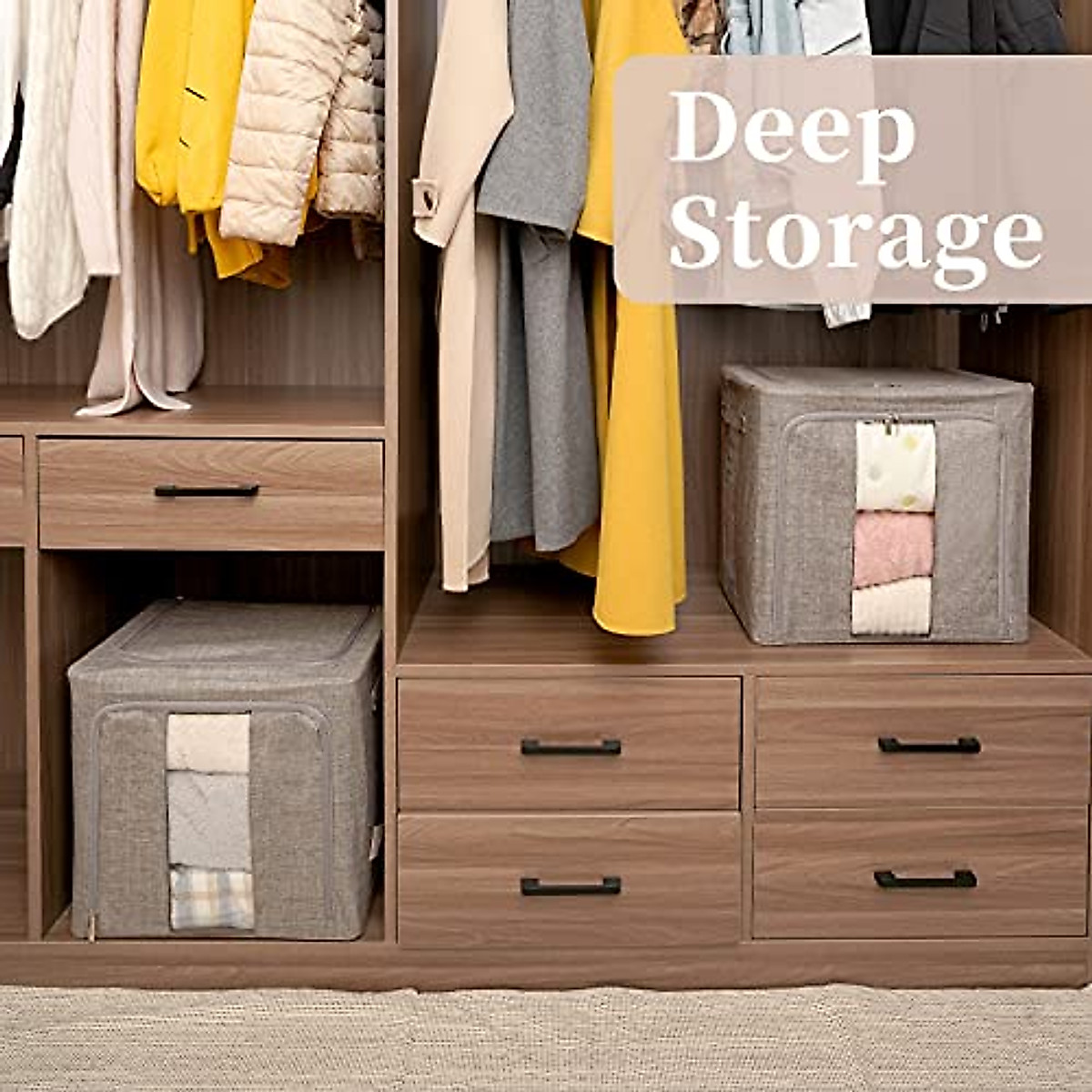 2 Pack 53L Oxford Steel Frame Storage Box for Closet Organization, Collapsible Storage Bins for Clothes blankets, Stackable Storage Boxs with Clear Windows and Handles, Beige