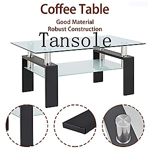 Rectangle Glass Coffee Table Metal Tube Legs End Table for Livingroom Tansole Black 39.4x23.7x17.7