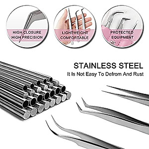 Quewel Eyelash Extension Tweezers Set Eyelash Applicator Tool Curved and Straight pointed Tweezers Lash Extension Supplies Stainless Steel Precision Tweezers Silver (Matte,3 pcs)