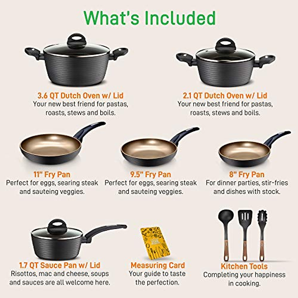 NutriChef 12-Piece Nonstick Kitchen Cookware Set - Professional Hard Anodized Home Kitchen Ware Pots and Pan Set, Includes Saucepan, Frying Pans, Cooking Pots, Dutch Oven Pot, Lids, Utensil -