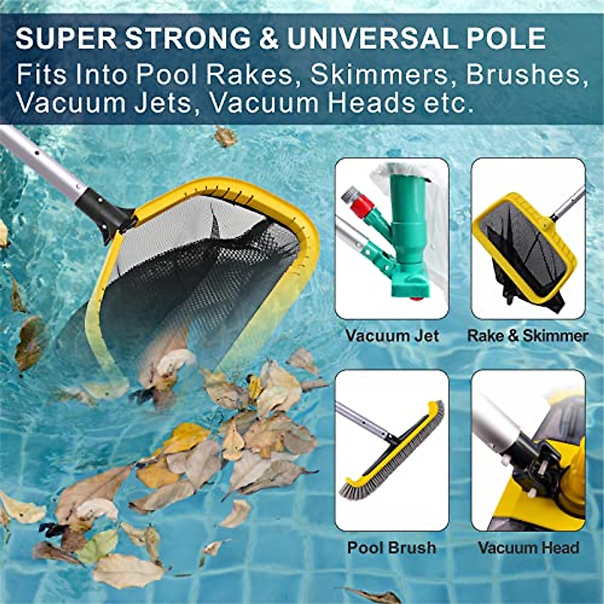POOLAZA Pool Pole Dual-Handle, Anodized Aluminum Pool Skimmer Pole, Detachable & Telescopic Pool Pole (15Ft)