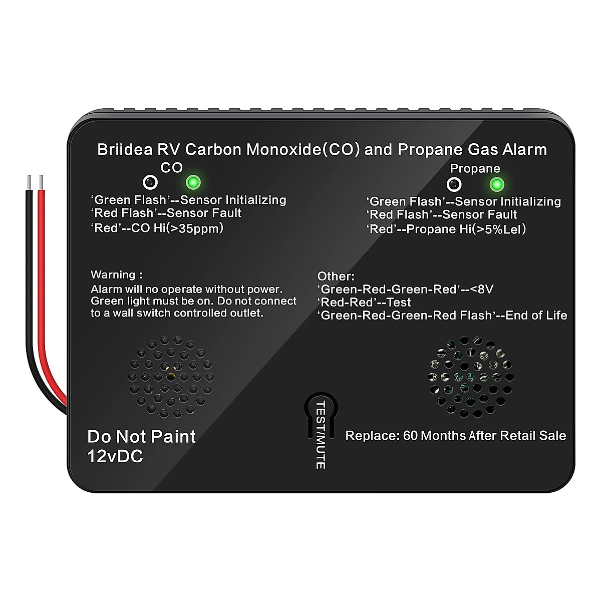 RV Carbon Monoxide & Propane Gas Alarm, Briidea Dual LP/CO Alarm with Separate LED Indicator Light, 100dB Loud Alarm, Provide You with Early Warning to Ensure Safety, 12 VDC
