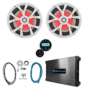 Rockville (2) RKL80MBW 8" 900w Marine LED Speakers+Receiver+Amplifier+Amp Kit