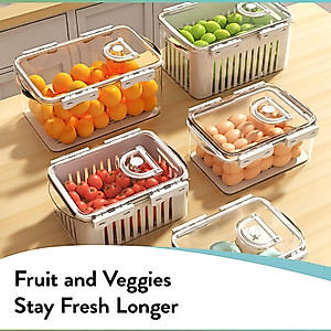 Oiperiey 3-Pack Fridge Vegetable and Fruit Storage Containers, Creative Timer Refrigerator Drain Storage Box, BPA-Free Kitchen Storage Box with Ventilation Holes to Keep Food Fresh