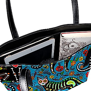 Women’s Leather Tote Bag, Black Cats Skull Day of the Dead Large Heavy Duty Shoulder Bag Travel Work School Handbag