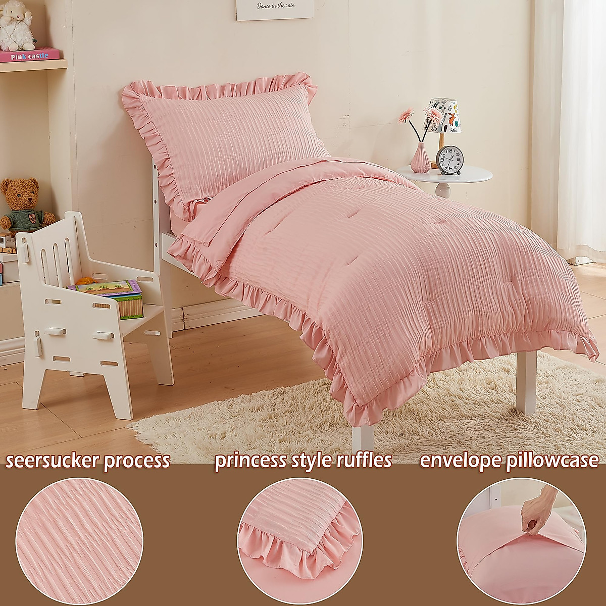 Cozyholy 4 Piece Textured Seersucker Toddler Bedding Set Girls Crib Sheets Set Pink Ruffle Baby Bed Comforter Set Lightweight Bed in a Bag | Include Comforter, Flat Sheet, Fitted Sheet, Pillowcase