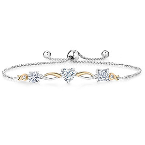Gem Stone King 925 Silver and 10K Yellow Gold Princess Round and Heart White Moissanite and White Lab Grown Diamond Tennis Bracelet For Women By Keren Hanan (1.72 Cttw, Fully Adjustable Up to 9 Inch)