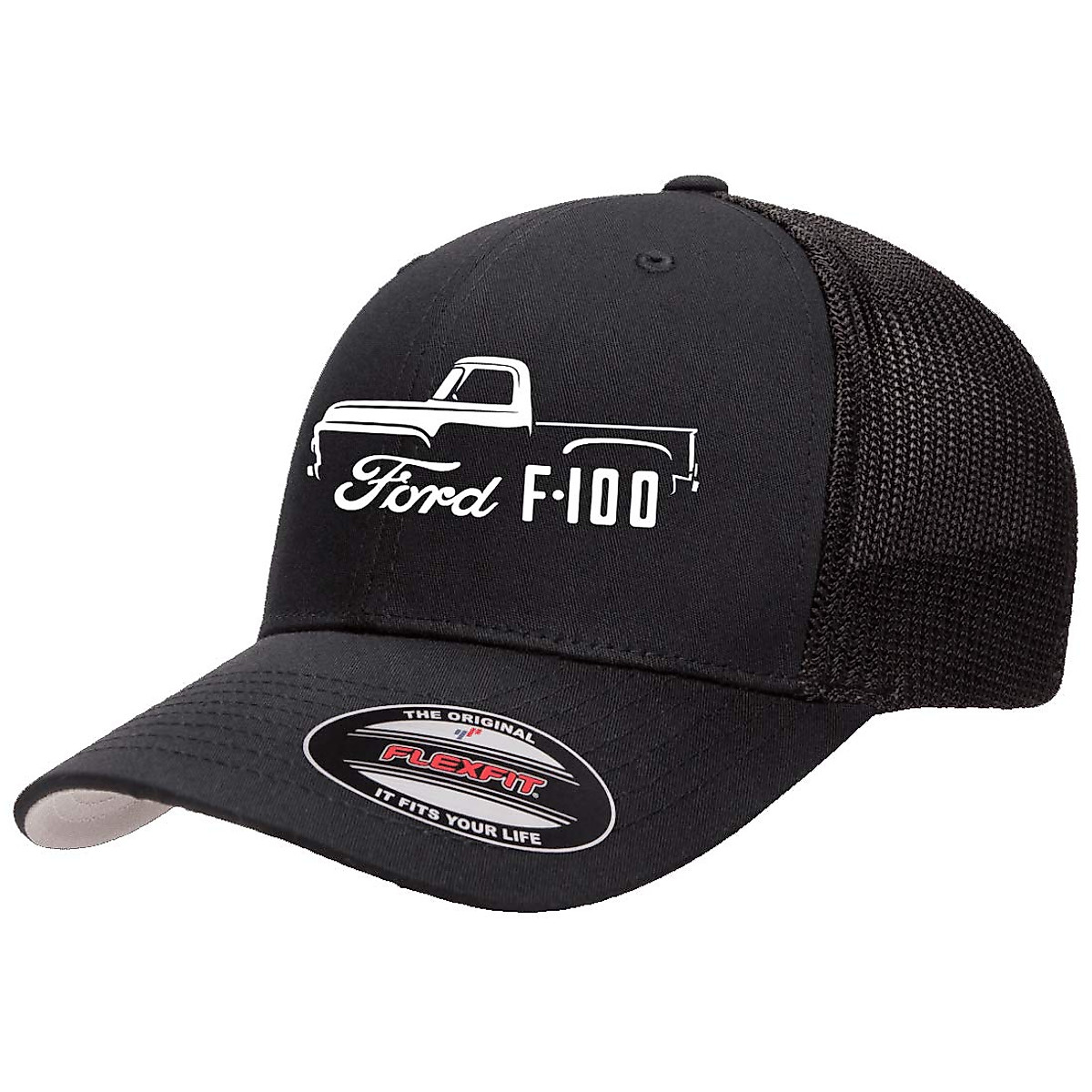 1953-56 Ford F100 Pickup Truck Outline Design Flexfit Trucker Mesh Fitted Cap Black