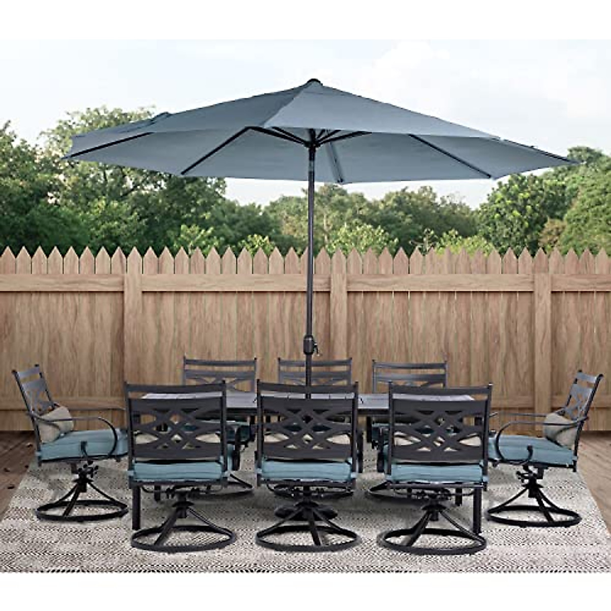 Hanover Montclair 9-Piece All-Weather Outdoor Patio Dining Set, 8 Swivel Rocker Chairs with Comfortable Seat and Lumbar Cushions, 84"x42" Stamped Rectangle Table, Umbrella, and Umbrella Base