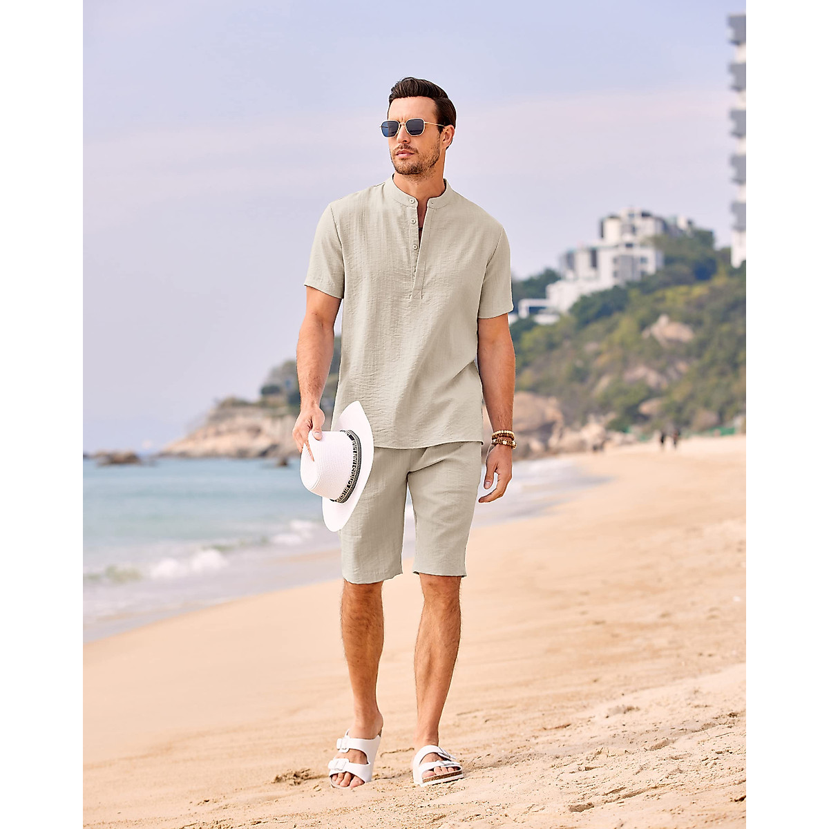 COOFANDY Men's 2 Pieces Linen Set Casual Henley Shirts Short Sleeve Beach Yoga Shorts Summer Pants Outfits