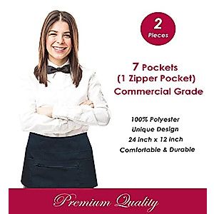 TEXVIDA 7 Pockets Server Aprons with Zipper Pocket (2 Pack) - Commercial Grade Aprons for Women Men - Waiter Waitress Waist Half Apron - Black 24x12