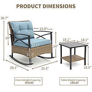 HOMEFUN Outdoor Rocking Chairs Set of 2, 3 Piece Patio Furniture Set with Thick Cushion, Bistro Table and Chairs for Porch Backyard Outside, Blue