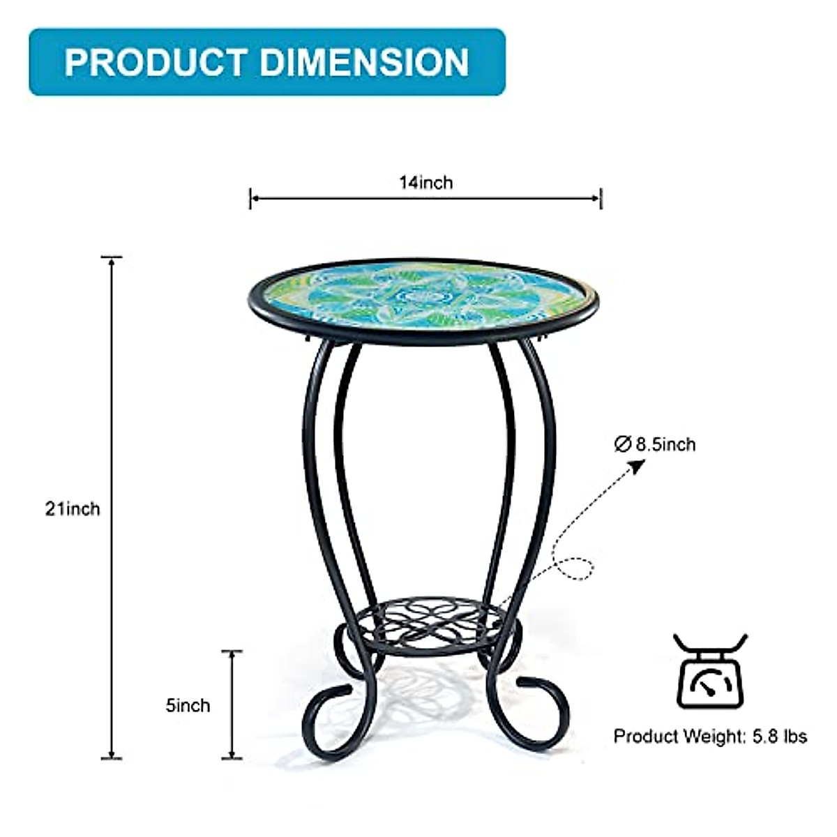 HONGLAND Mosaic Outdoor Side Table, 14" Round Patio Side Table, Mosaic Plant Stand, End Table W/Storage Shelf, Small Bistro Coffee Table for Garden Patio Porch Living Room(Green)