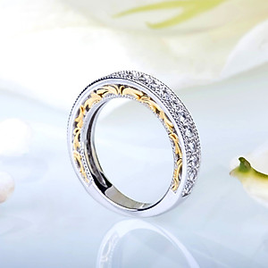 Jeulia Two Tone Scrollwork Sterling Silver Women's Band Custom Engraved Ring for Engagement Anniversary Wedding With Gift Box (Yellow Gold, 6.5)