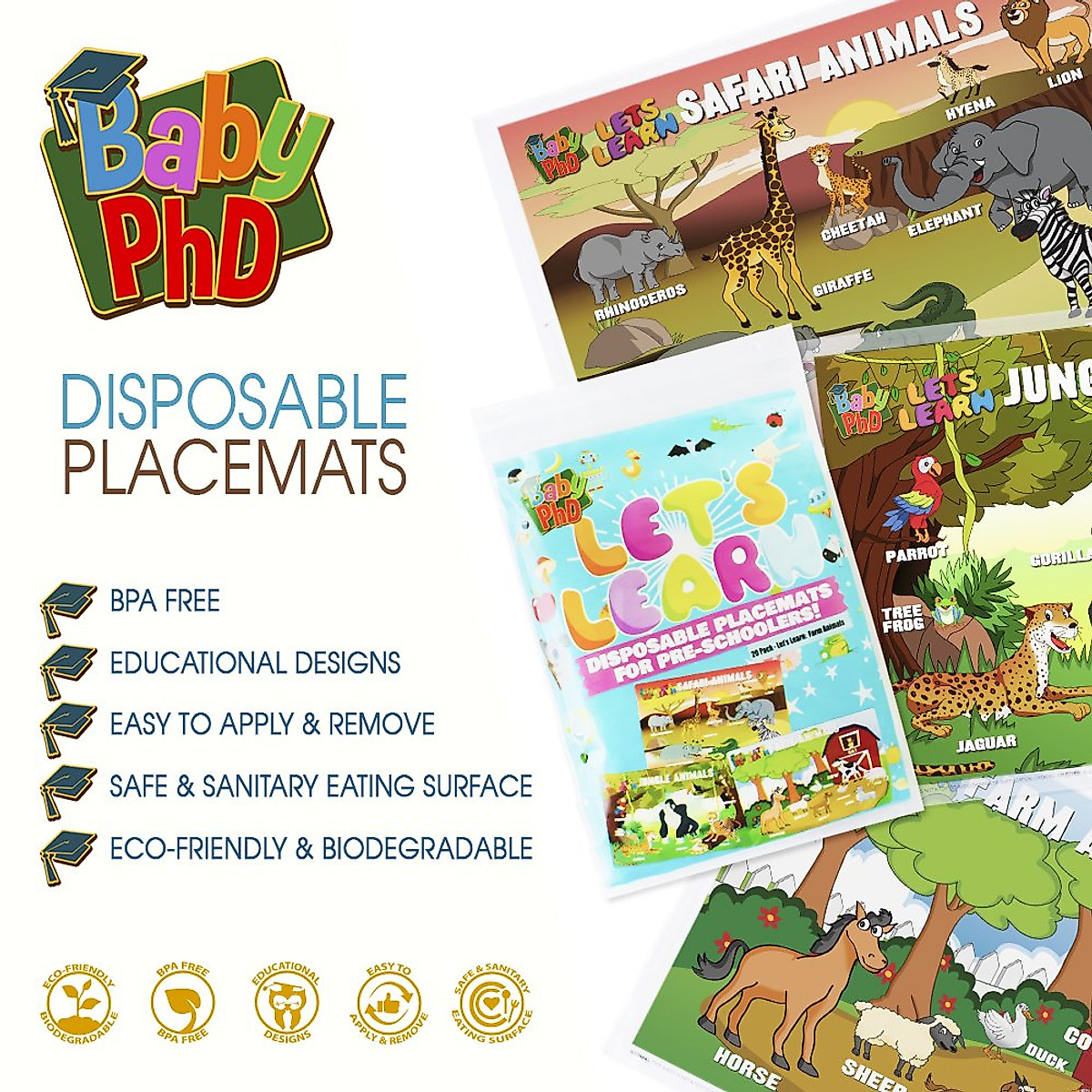 Baby PhD Disposable Placemats for Baby, Kids, & Toddlers - Animal Design - Table Mat or Topper for Restaurants, Stick-On Placemat for Travel, Sticky Strips Stay in Place - 3 Designs, Pack of 60