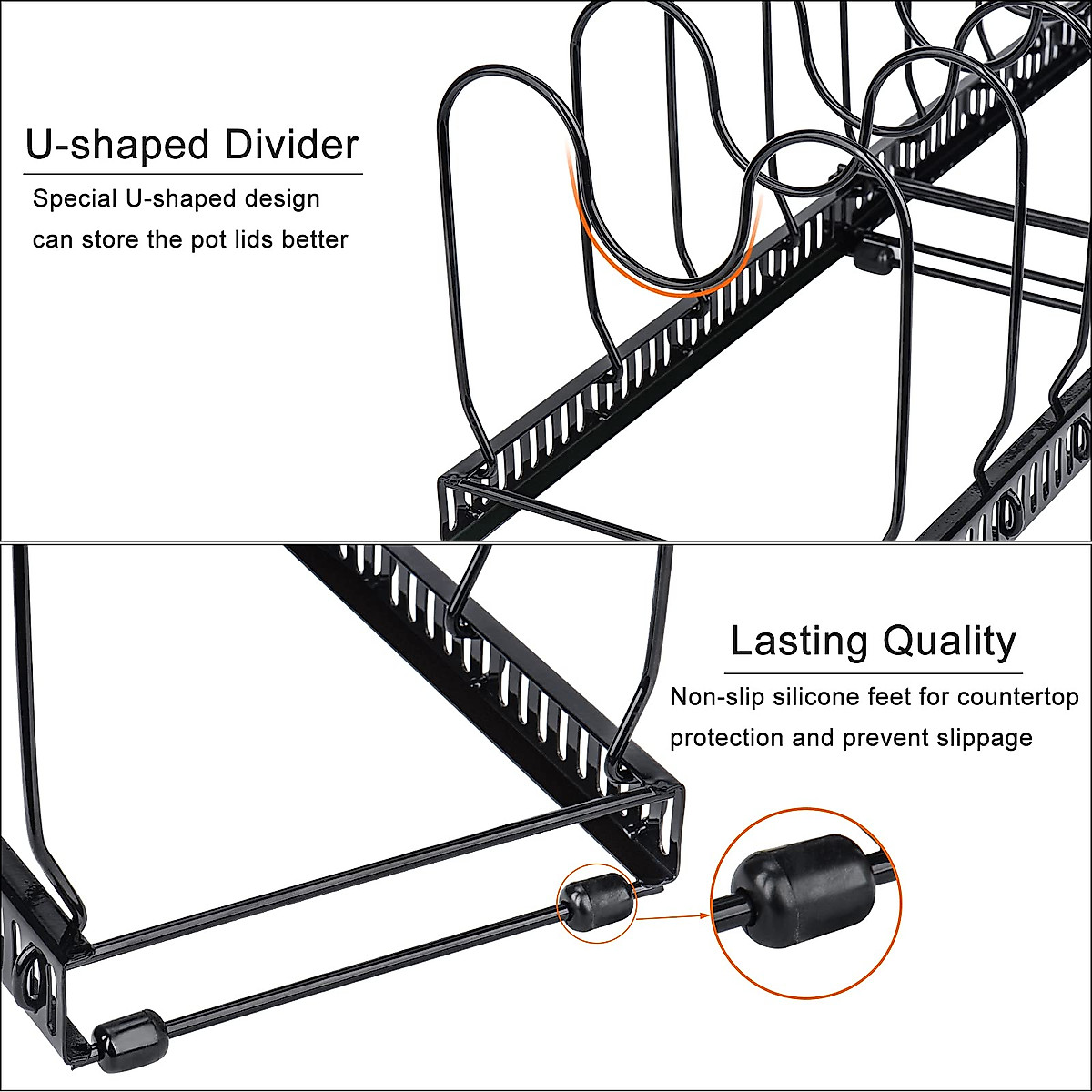 Toplife Adjustable 10+ Pans Organizer Rack + 7+ Lids Organizer Rack for Kitchen Cabinet and Counter, Black