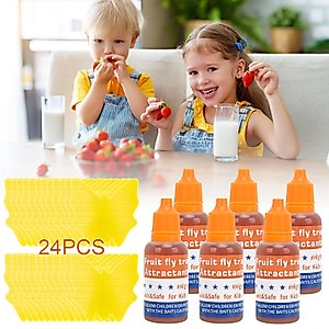 Fruit Fly Trap for Indoor- Non-Toxic Insects Bait Refill Liquid Only- Fruit Fly Bait with Sticky Pads- with 6 Packs Fly Trap Refills Liquid Replacement- 24 Packs Fruit Fly Trap Stickers