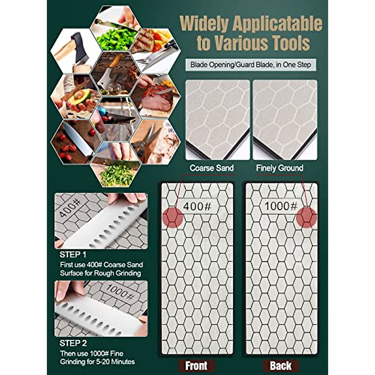 Double-Sided Diamond Sharpening Stone, Kalolary Knife Sharpener Stone Whetstone Honeycomb Surface Plate with Non-slip Base for Scissors Knives Outdoor Kitchen Sharpen Tools (400/1000 Grit, 150 x 63mm)