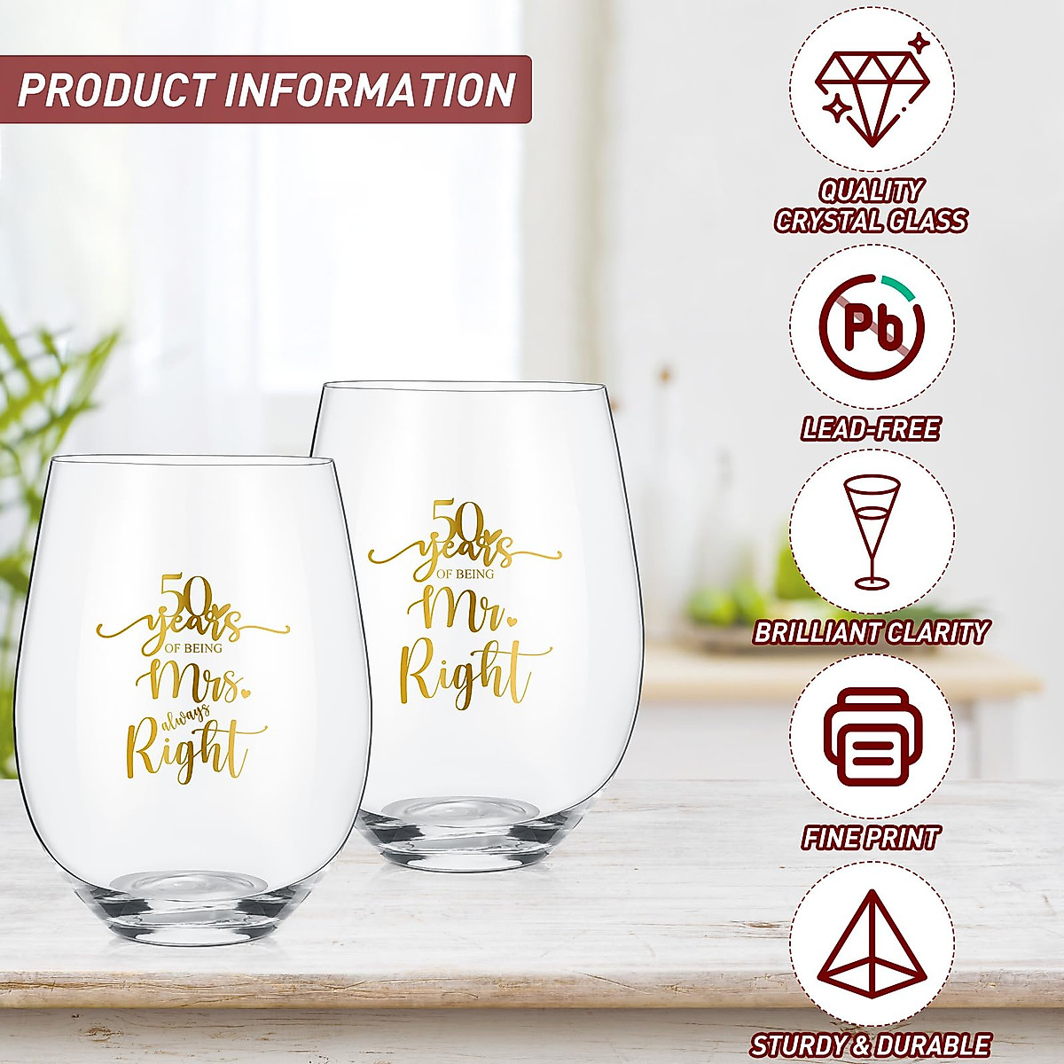 3 Pcs 50th Marriage Gifts Set Happy Anniversary Wine Glass Wedding Anniversary Crystal Heart Marriage Keepsake Couples Gifts for Mom Dad Husband Wife 50th Wedding Birthday Anniversary Party Supplies