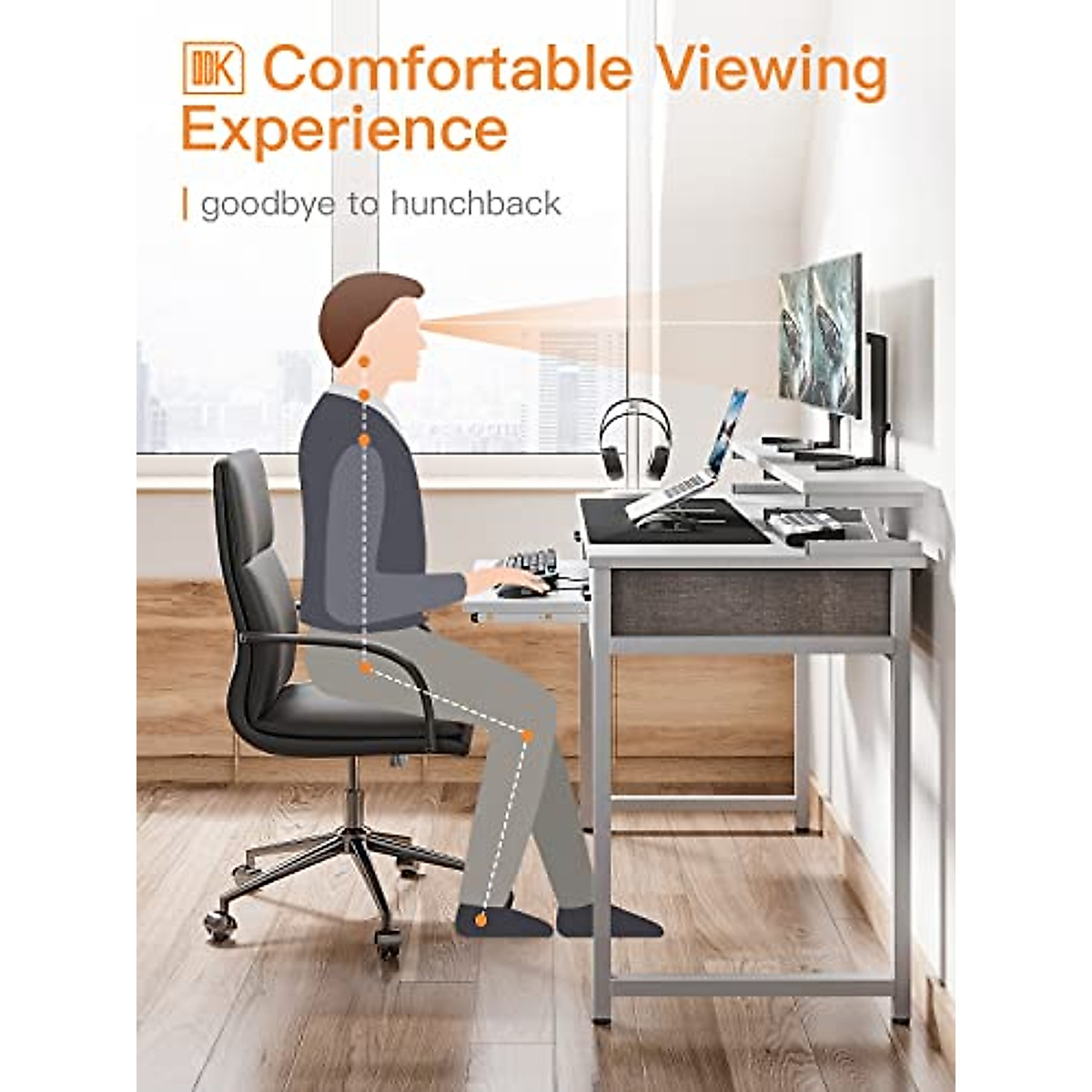 ODK Computer Desk with Keyboard Tray, 47 inch Office Desk with Drawers, Writing Desk with Monitor Shelf and Storage, Work Desk for Home Office/Bedroom, White