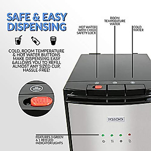 Igloo IWCBL353CRHBKS Stainless Steel Hot, Cold & Room Water Cooler Dispenser, Holds 3 & 5 Gallon Bottles, 3 Temperature Spouts, No Lift Bottom Loading, Child Safety Lock, Black/Stainless