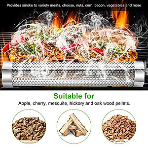 12'' Pellet Smoker Tube-304 Stainless Steel BBQ Smoker Tube with 1 Hooks and 2 Brushes for Cold/Hot Smoking 5 Hours of Billowing Smoke, for All grill or smoker