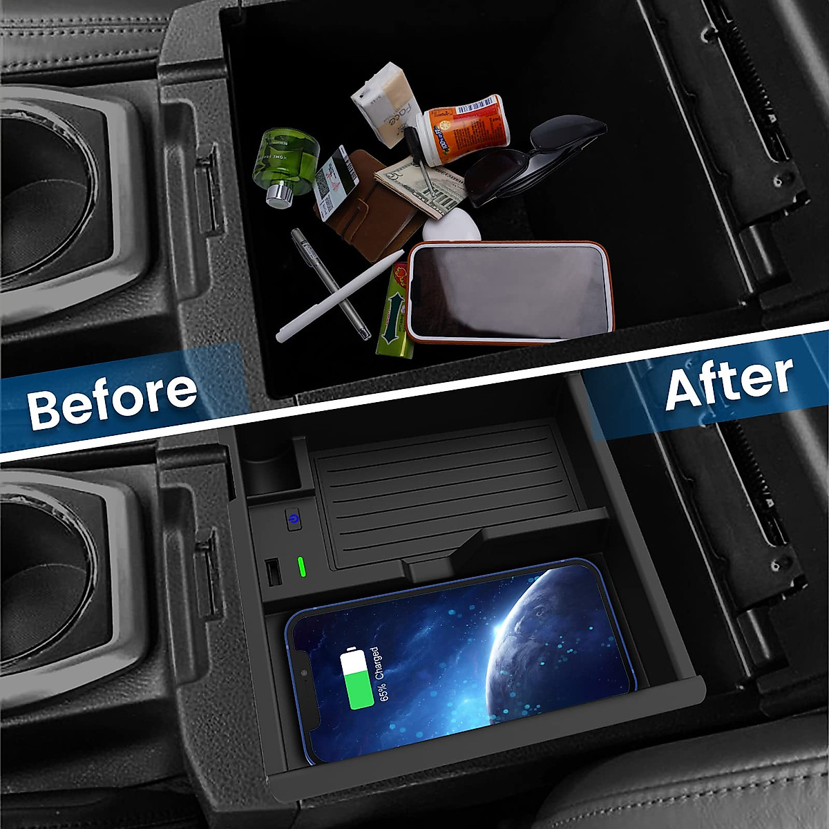 CarQiWireless for Toyota Tacoma Accessories 2016-2022 2023 2024,Wireless Charger & Center Console Organizer Tray for Toyota Tacoma 2016 2017 2018 2019 2020 2021-2023 2024 TRD PRO Offroad Trail Truck