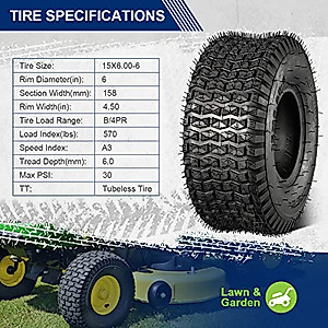 MaxAuto Lawn Mower Tire 15x6.00-6 Front & 20X8.00-8 Rear Tire for Lawn & Garden Tractor, 4Ply Tubeless, Set of 2