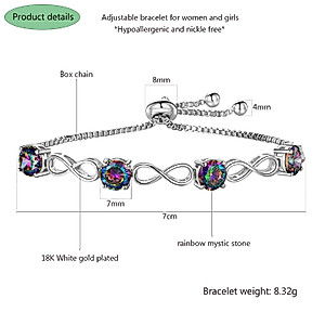 VOLUKA 18K White Gold Plated Infinity Rainbow Mystic Quartz Adjustable Bracelets for Women Jewelry Gift