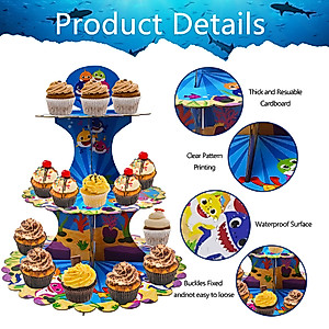 3 Tiers Cartoon Shark Cardboard Cupcake Stand Set of 2 Sturdy Dessert Candy Display Towel Holder Stand Reusable Party Wedding Birthday Cup Cake Stand Holder