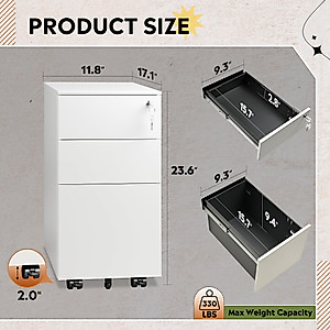 DEVAISE White File Cabinet, Small Filing Cabinet with 3 Drawers with Slim Width for Home Office, Rolling Under Desk Cabinet (11.8 inch)