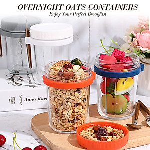 4 Set Overnight Oats Containers with Lid and Spoon Overnight Oats Jars 12oz Glass Airtight with Measurement for Cereal Yogurt Milk (Gray, Blue, White, Orange)