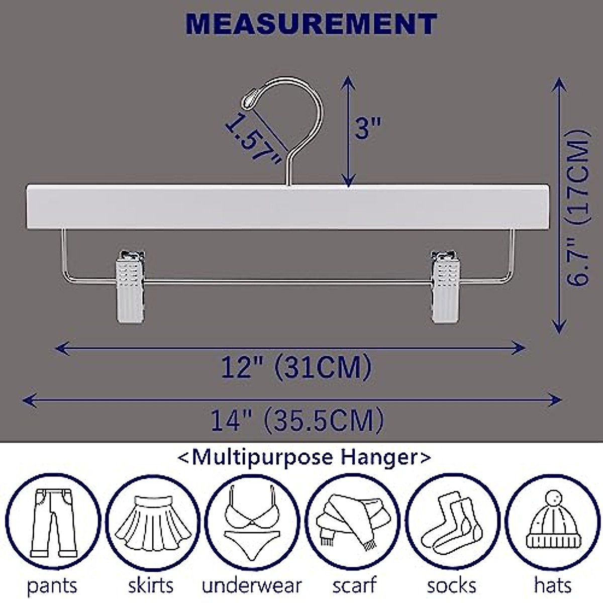 Amber Home White Wooden Pants Skirts Hangers 24 Pack, Solid Wood Trousers Bottom Hanger with 2-Adjustable Clips, Clips Hangers for Slacks, Jeans, Shorts (White, 24 Pack)