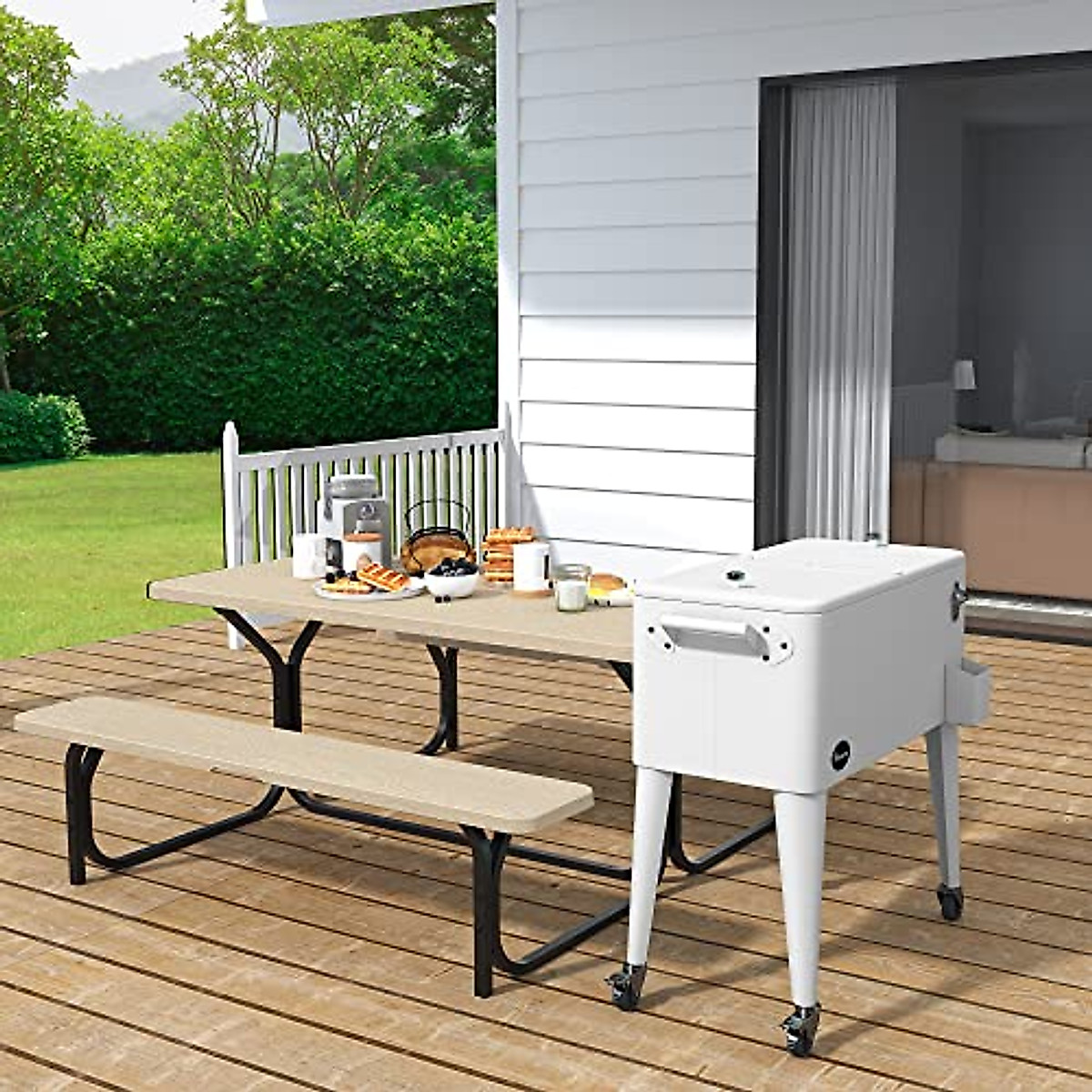 YITAHOME 80 Quart Rolling Cooler Cart with Bottle Opener Drainage, Portable Patio Cooler Rolling on Wheels, Outdoor Rolling Beverage Cart Drink Cooler for Patio Pool Deck Party Cookouts (White)