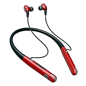 Neckband Bluetooth Headphones Wireless Earbuds 50H Continuous Working Time IPX5 Lightweight Foldable Sports Earphones with Built-in Mic HD Call Noise Cancelling for Trucker Workout (Red), AK01-02